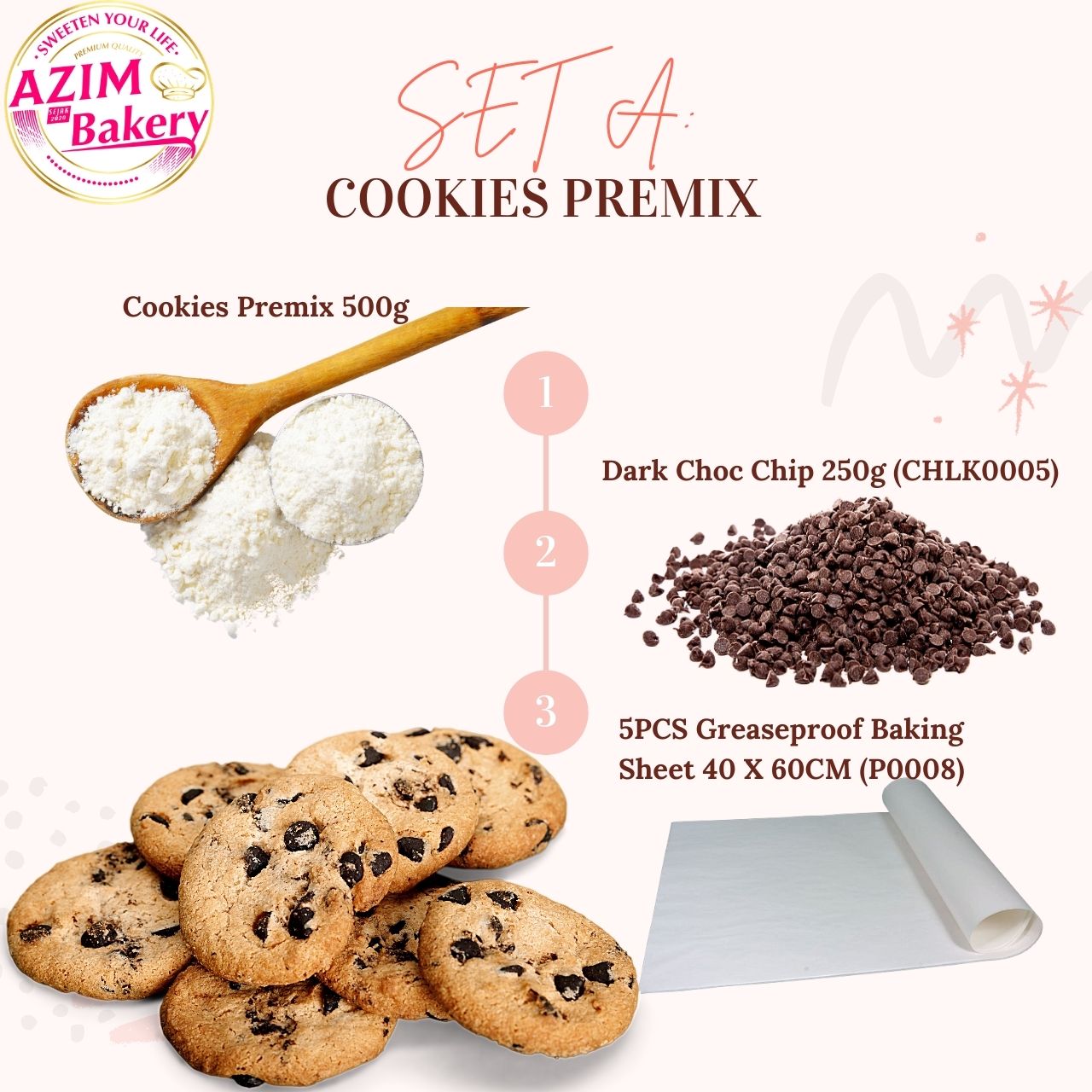 Set Raya Chocolate Chip Almond Cookies Premix - by Azim Bakery BCH Rawang